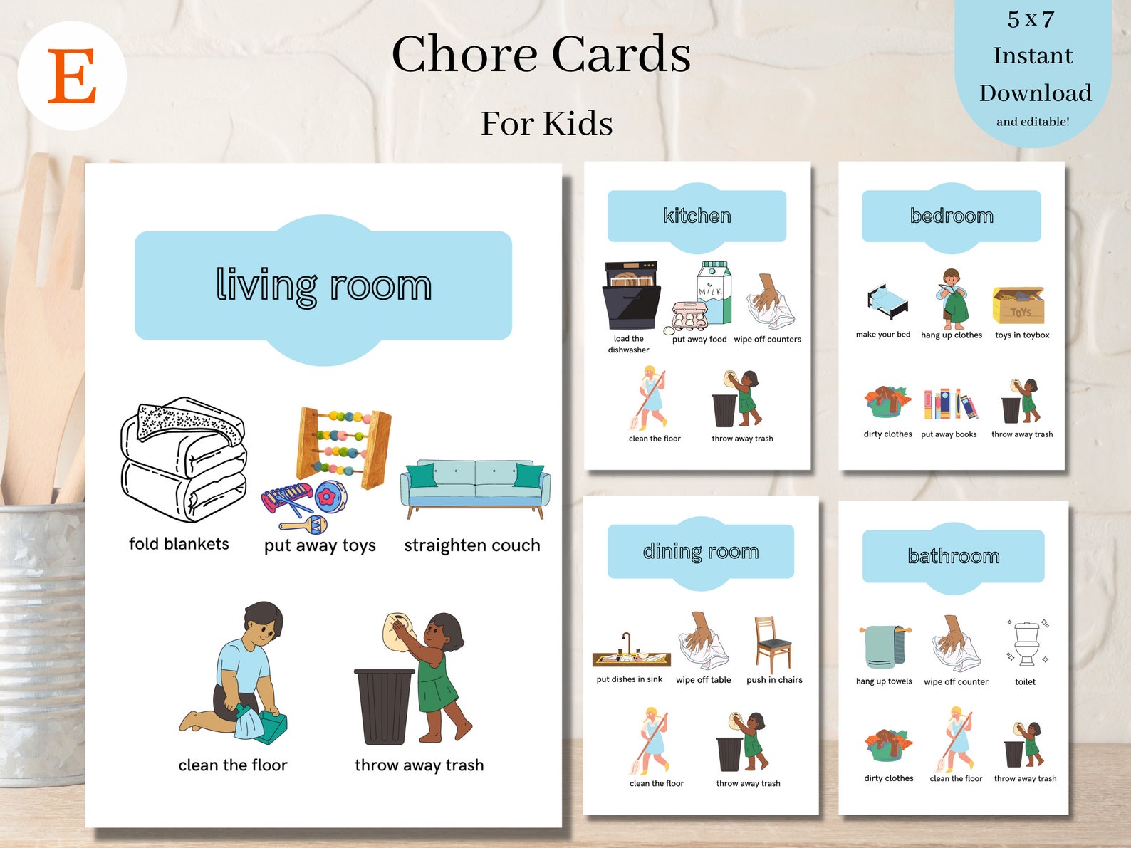Chore Chart for Kids Printable and Editable Chore Cards Room by Room ...