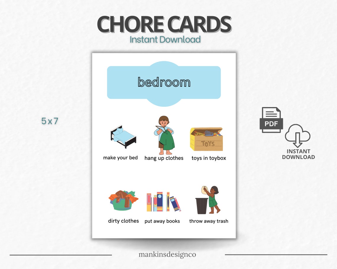 Chore Chart for Kids Printable and Editable Chore Cards Room by Room ...