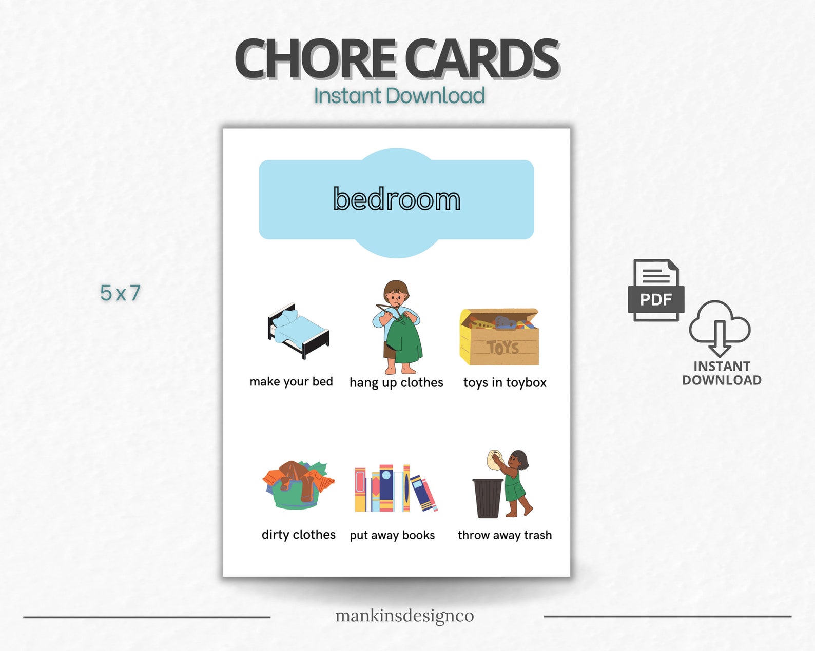 Chore Chart for Kids Printable and Editable Chore Cards Room by Room ...
