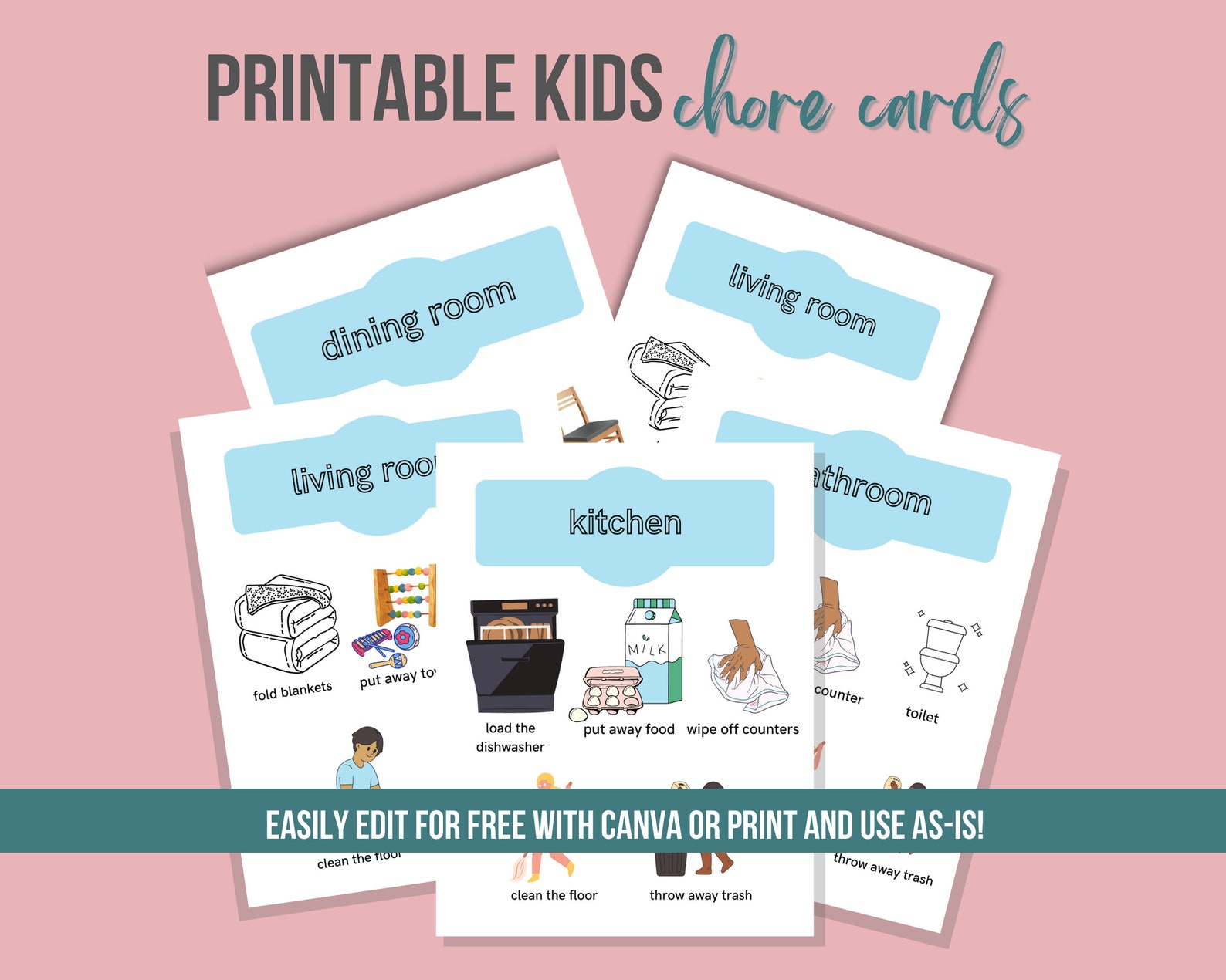 Chore Chart for Kids Printable and Editable Chore Cards Room by Room ...
