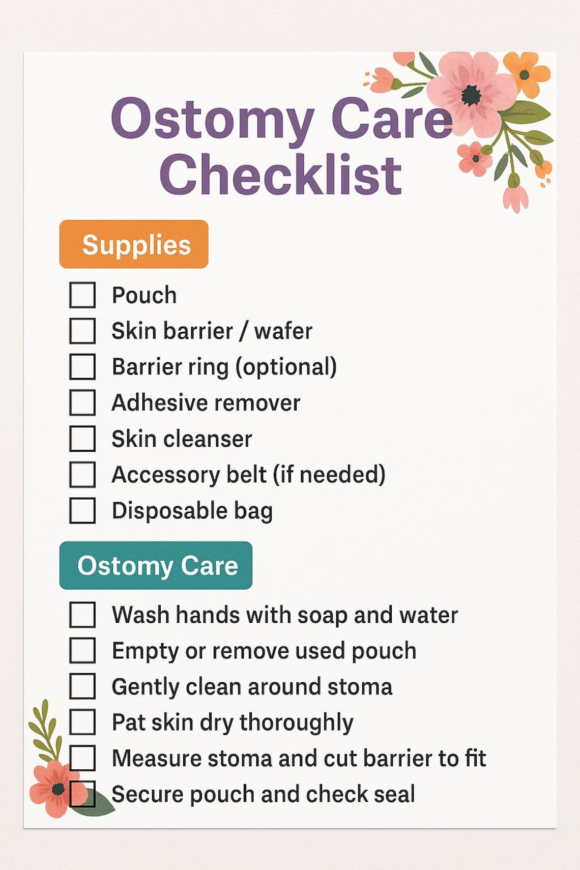 Basic Ostomy Care Checklist – Printable Ostomy Log for Pouch Changes ...