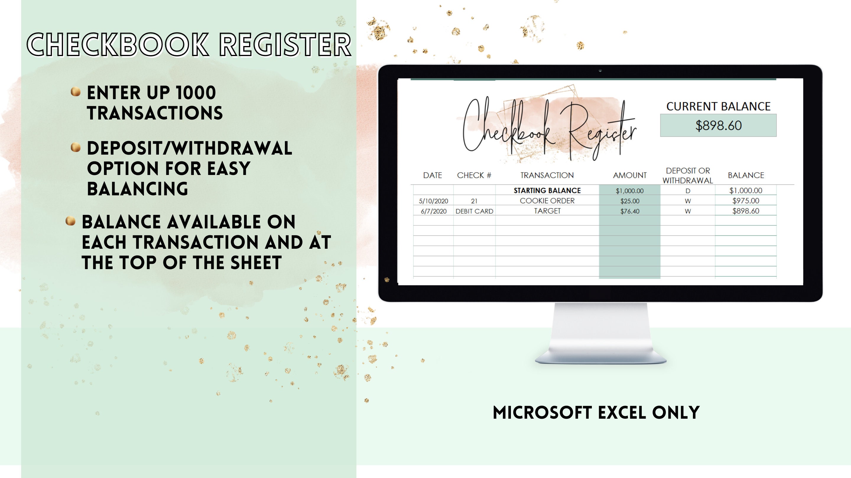 Excel Template Checkbook Register Digital Financial Planner Finance ...