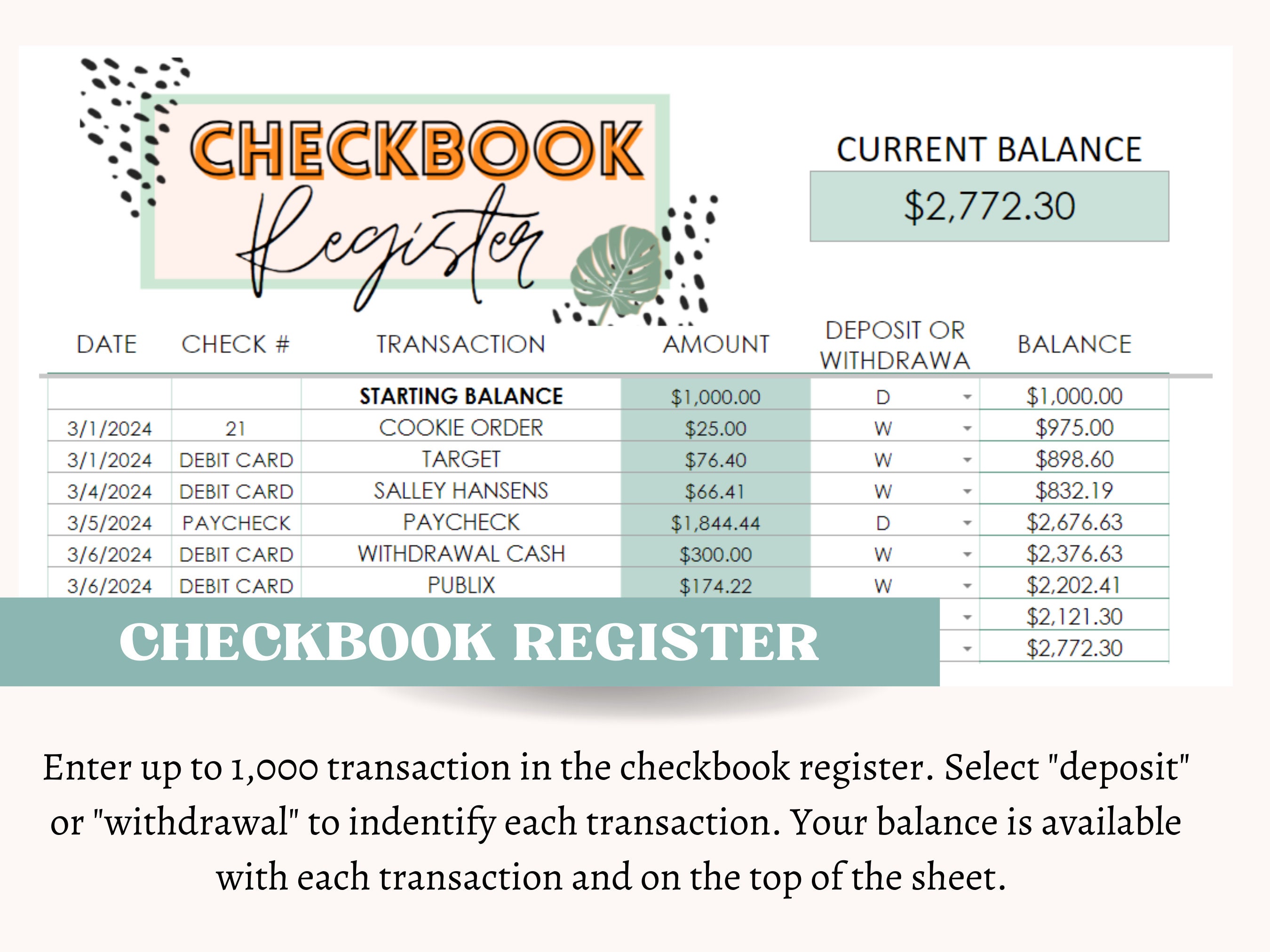 Checkbook Register Income & Expense Tracker Financial Planner Weekly ...