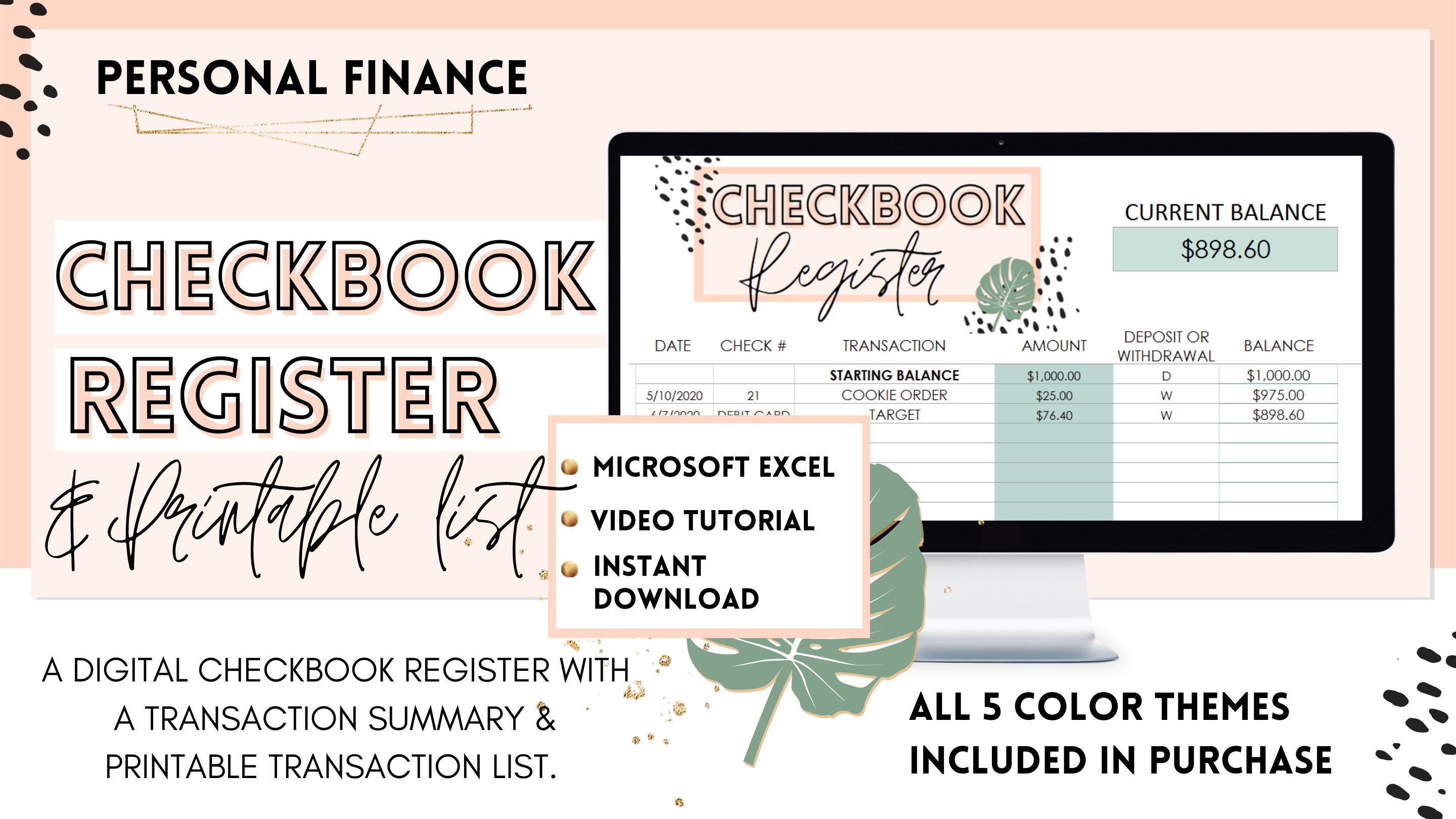 Checkbook Register Excel Template Digital Financial Planner | Etsy