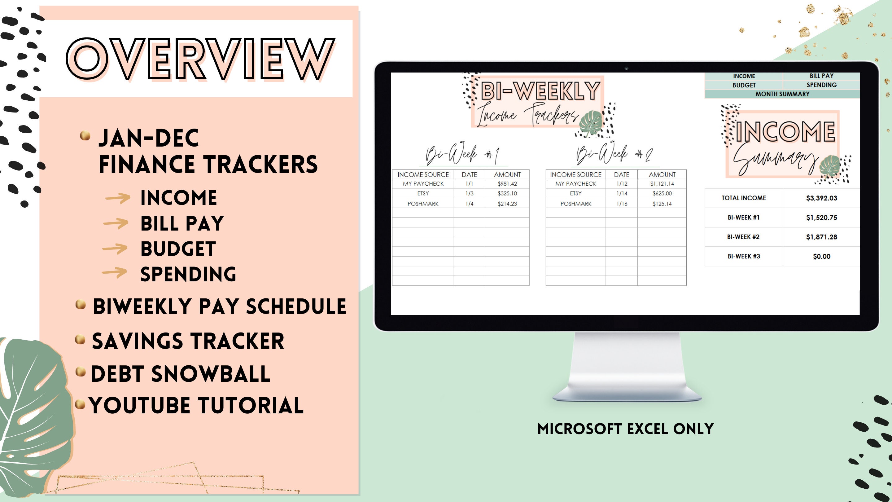 Biweekly Budget Planner Excel Template Financial Tracker Debt Snowball ...