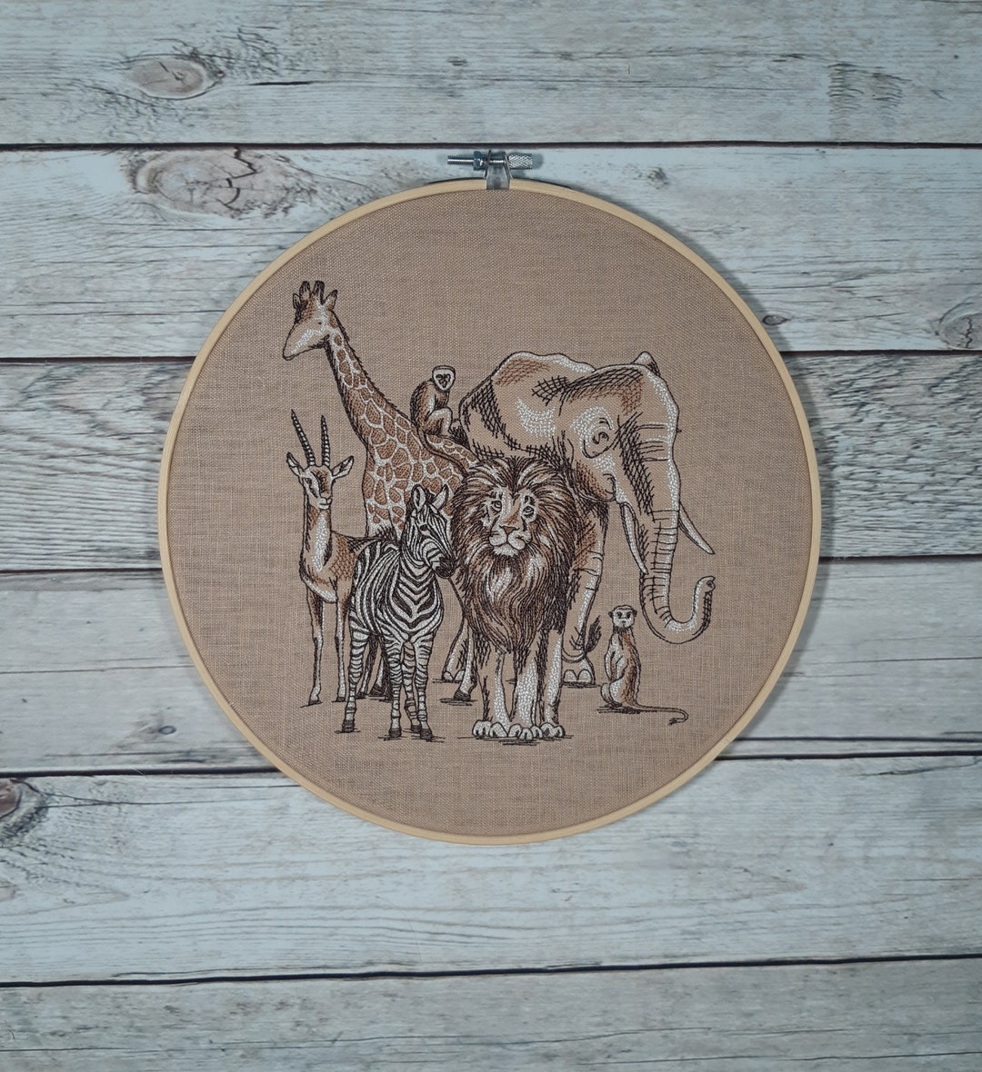 Finished Embroidery, Safari Animal Hoop Art, Embroidered Wall Art, 10 ...