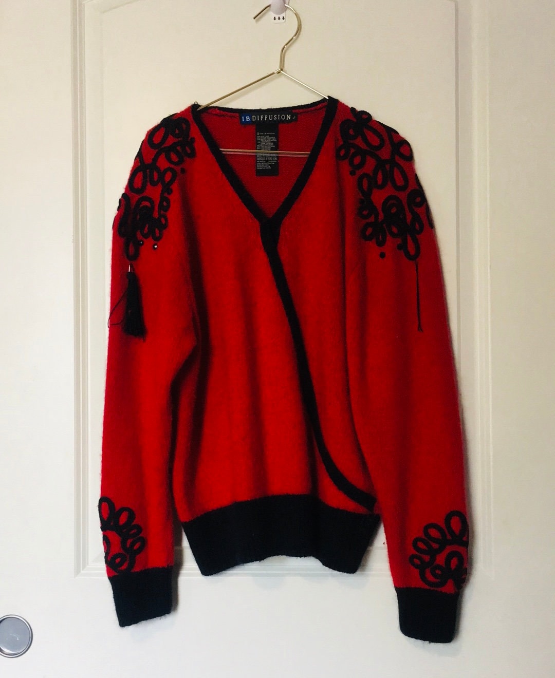 I.B. Diffusion Silk Angora Lambs Wool Sweater Red Black Beaded Size ...
