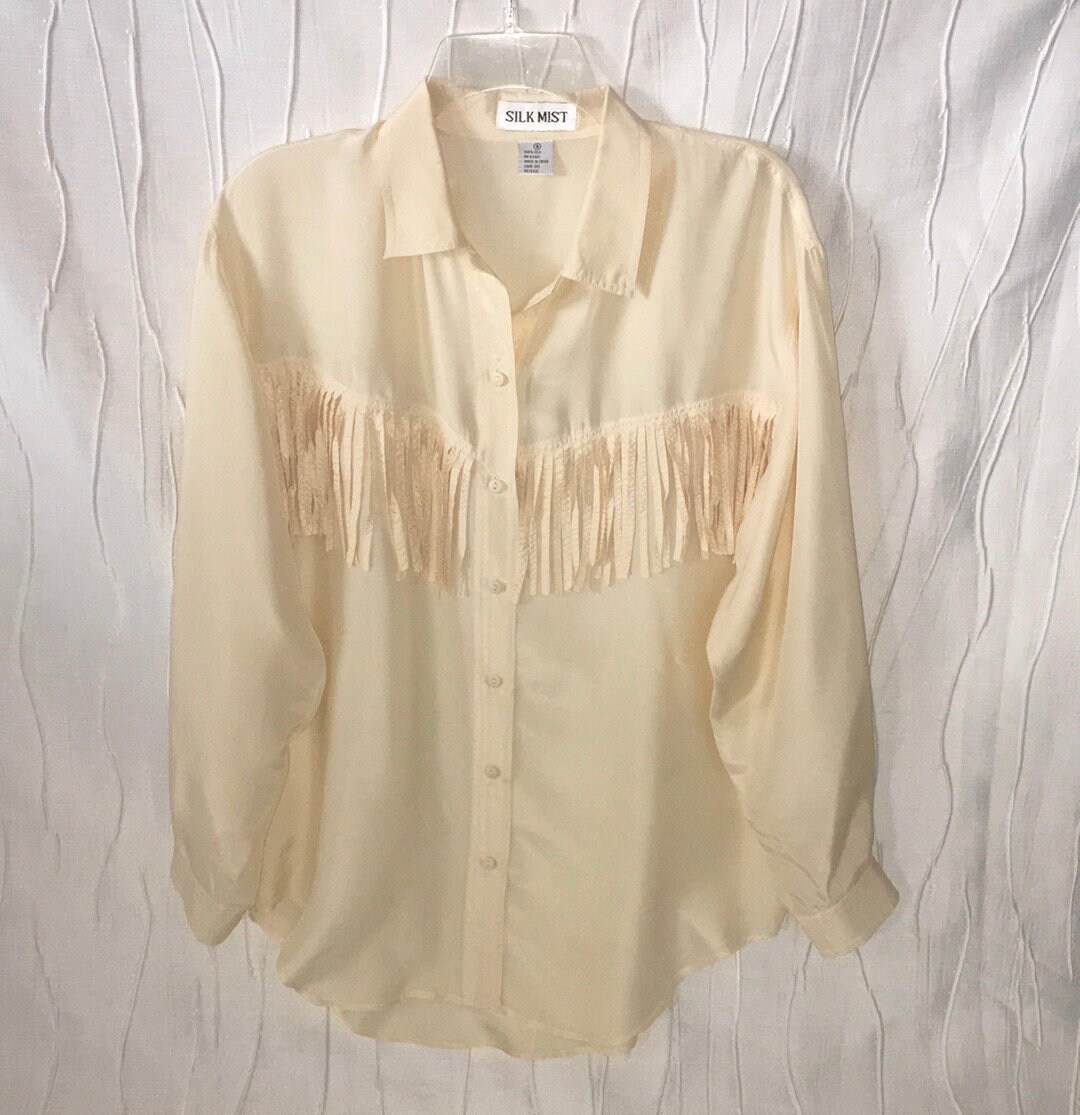 Silk Mist Yellow Silk Western Button Down Long Sleeve Shirt Fringe ...