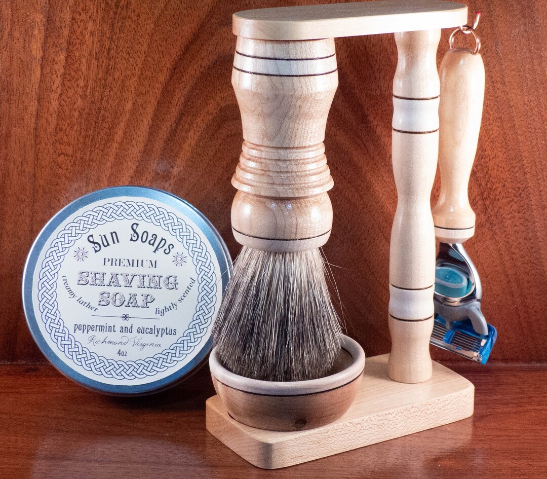Deluxe MAGNETIC Handcrafted All Maple Two Tone Shaving Kit With Razor ...