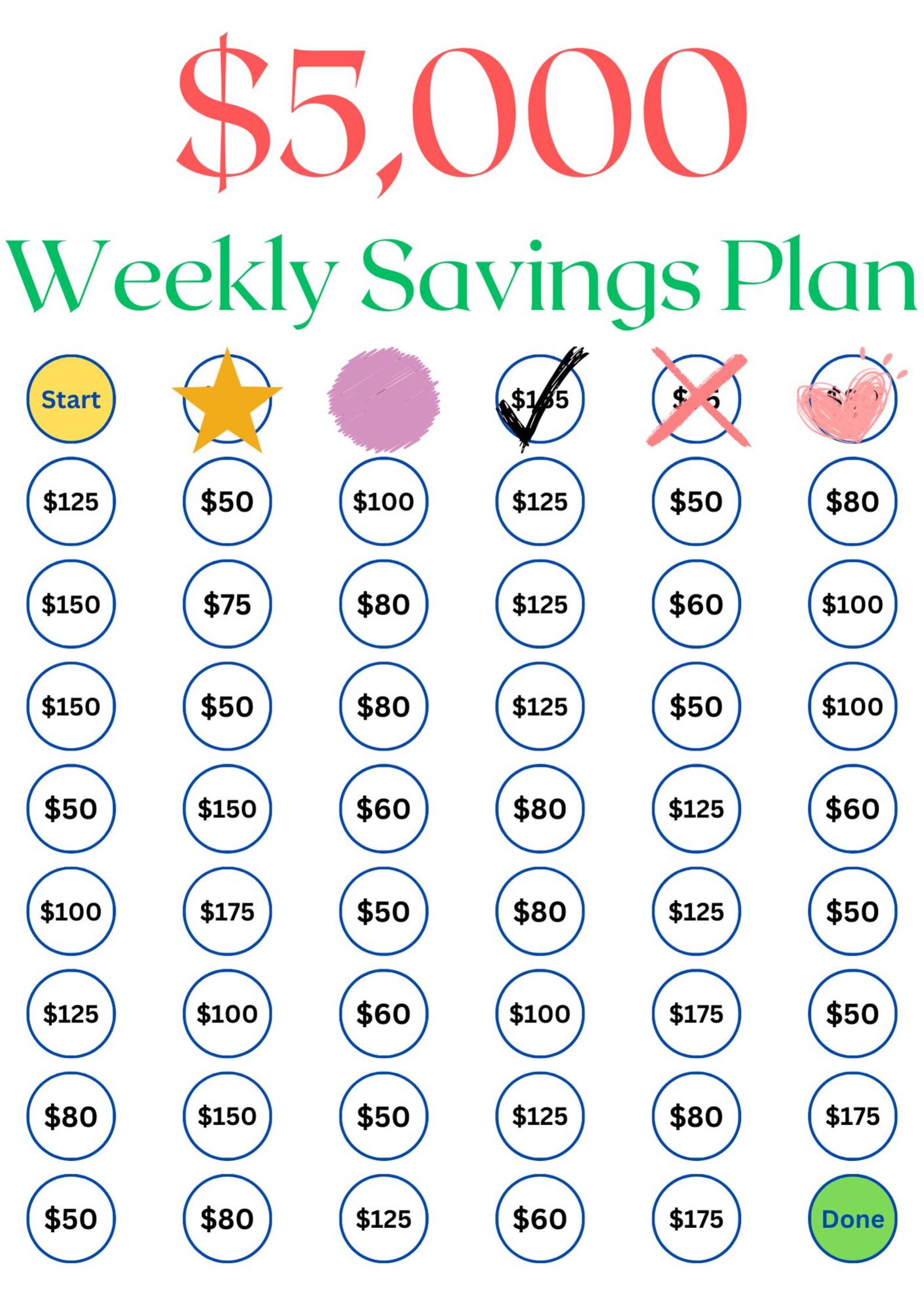 5K Dollar Money Savings Challenge Printable, 52 Week Money Tracker ...