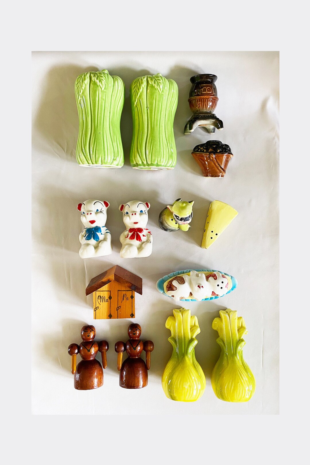 Vintage Salt and Pepper Shakers LOT 8 Sets Anthropomorphic Ceramic Wood ...