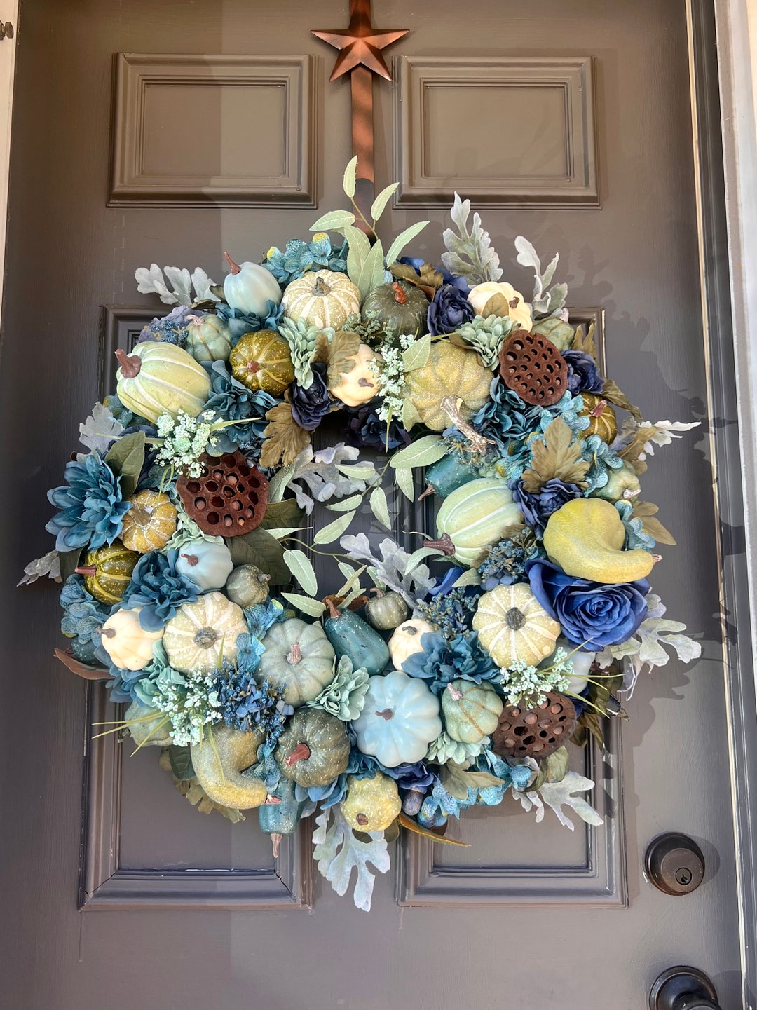 Blue Pumpkin Fall Wreath, Front Door Autumn Decor - Etsy