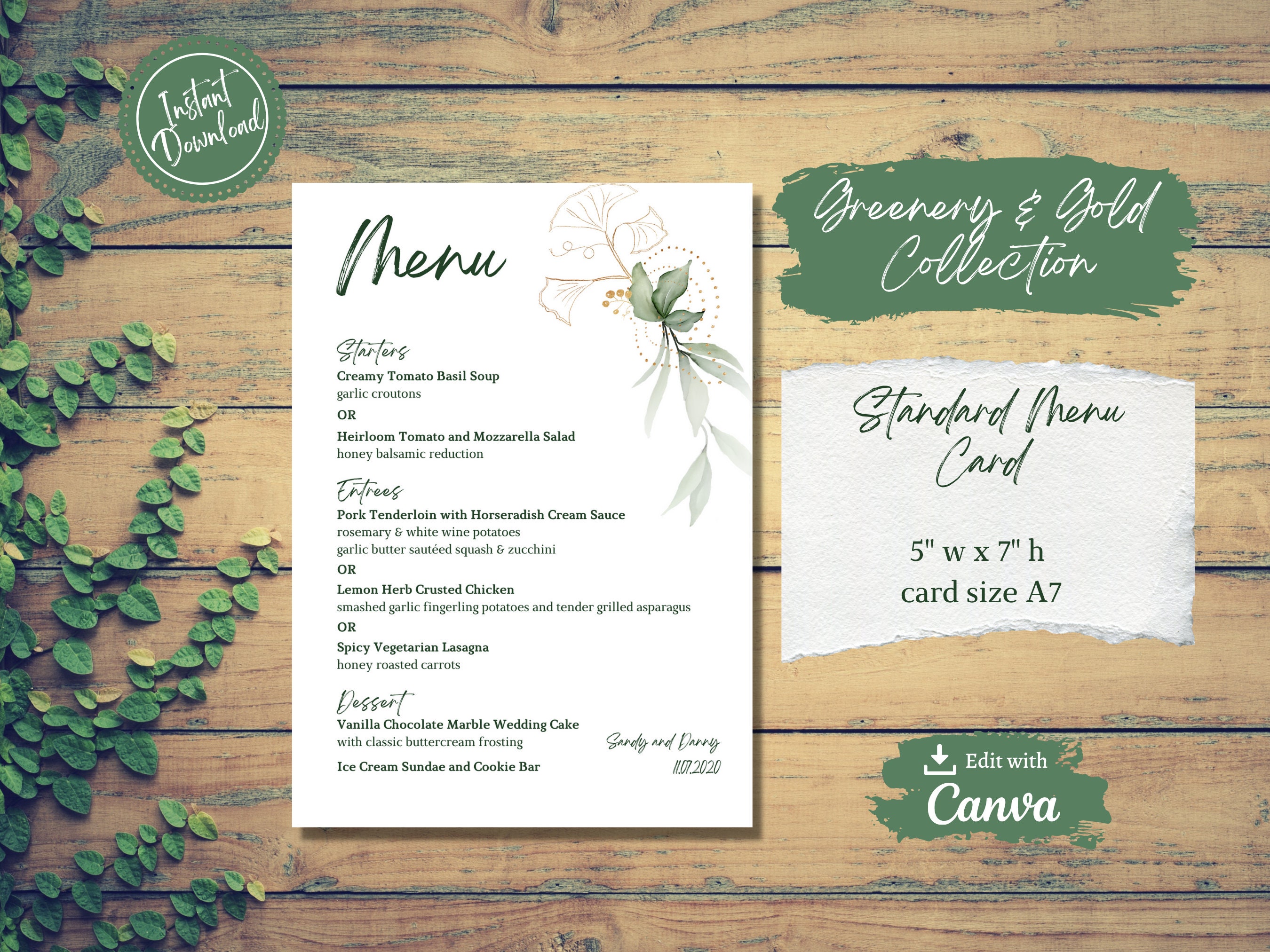 Greenery and Gold Menu Card Templates | Instant Download | Easy Edit ...