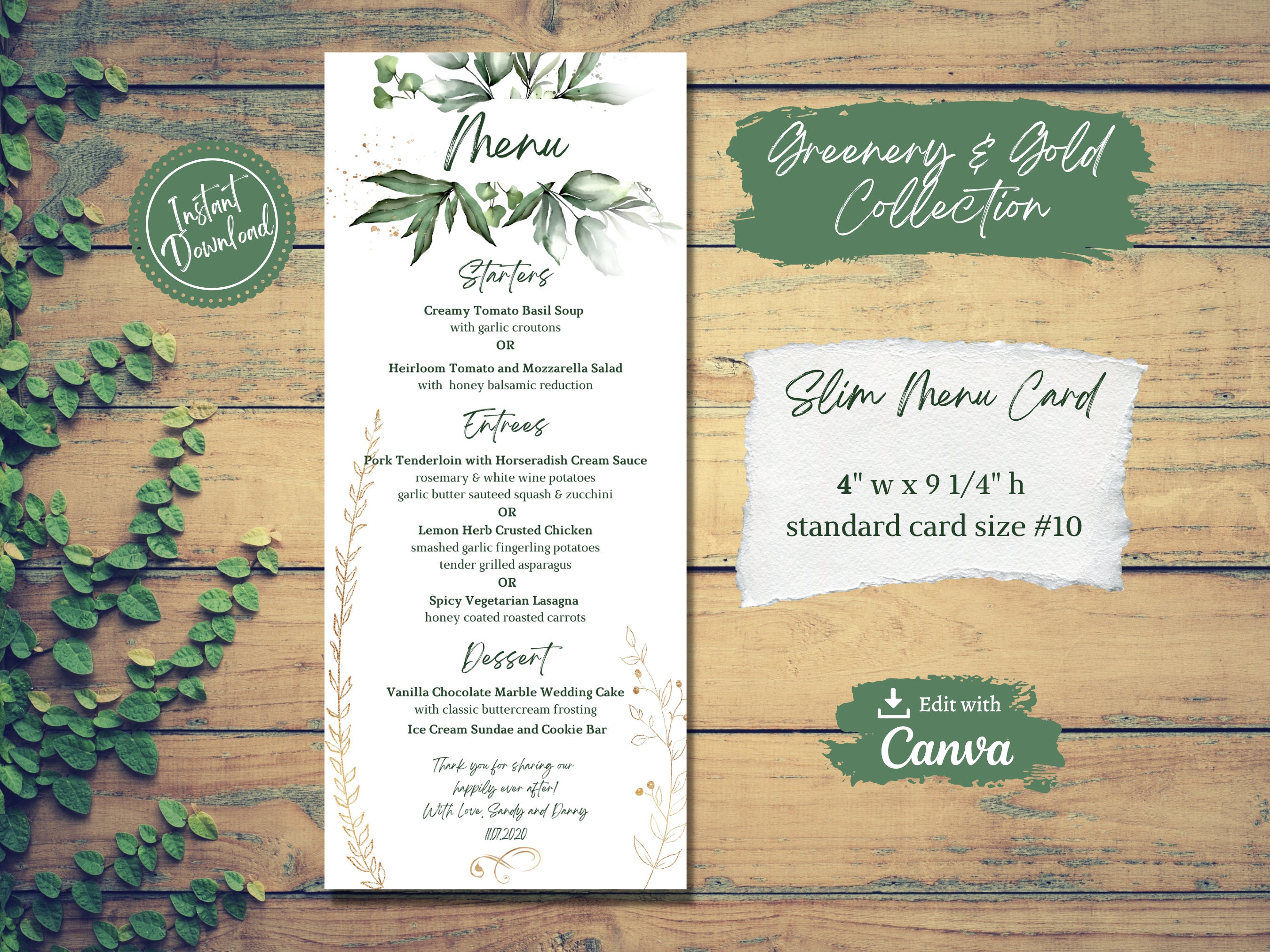 Greenery and Gold Menu Card Templates | Instant Download | Easy Edit ...