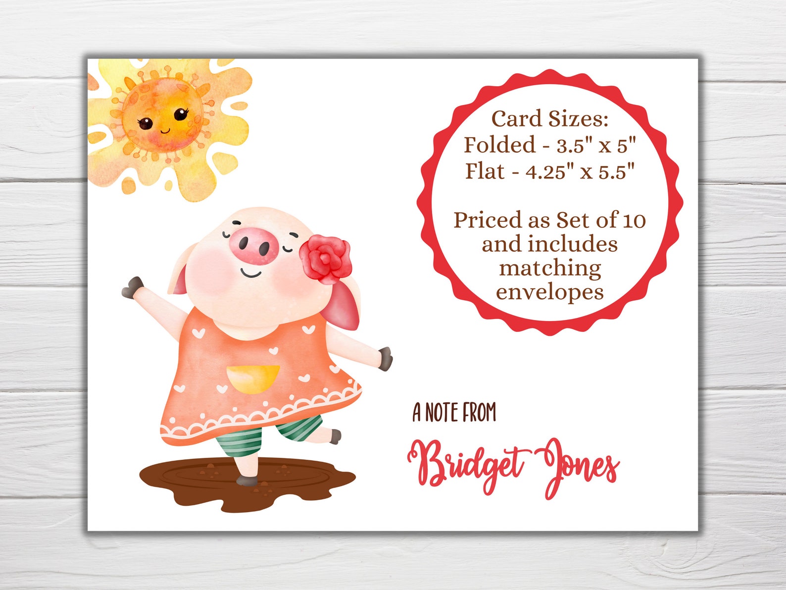 Whimsical Pig in Mud Personalized Note Cards | Flat or Folded | Set of ...