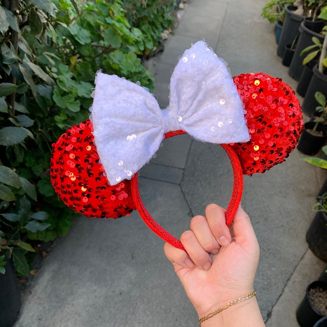 Red Velvet Sequin With White Bow Mouse Ears - Etsy