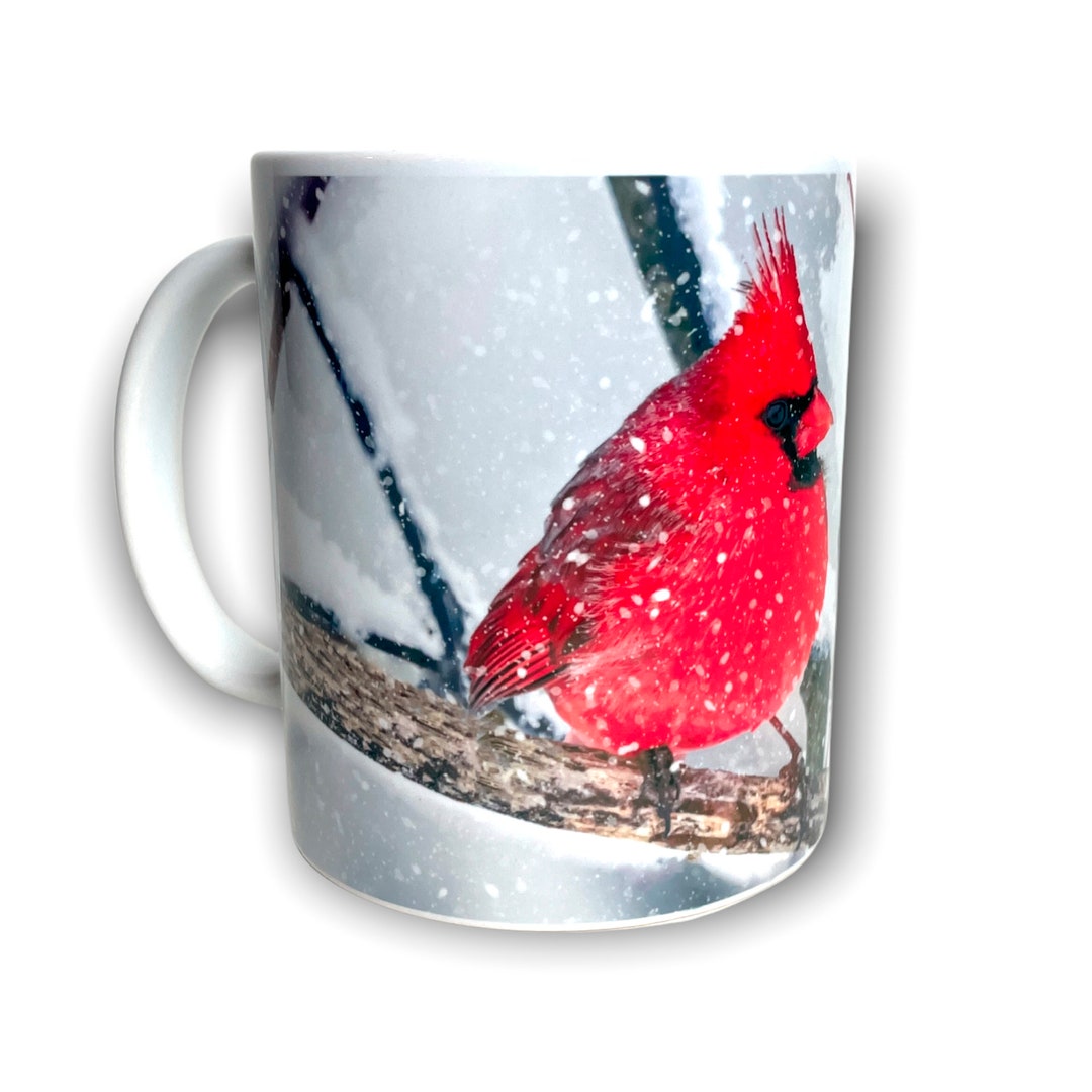 Male Cardinal Mug, Cardinal in Snow Mug, 11 0z White Ceramic Coffee Mug ...