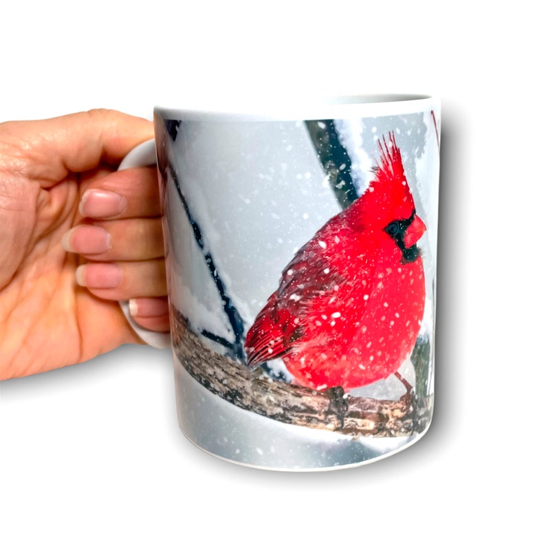 Male Cardinal Mug, Cardinal in Snow Mug, 11 0z White Ceramic Coffee Mug ...