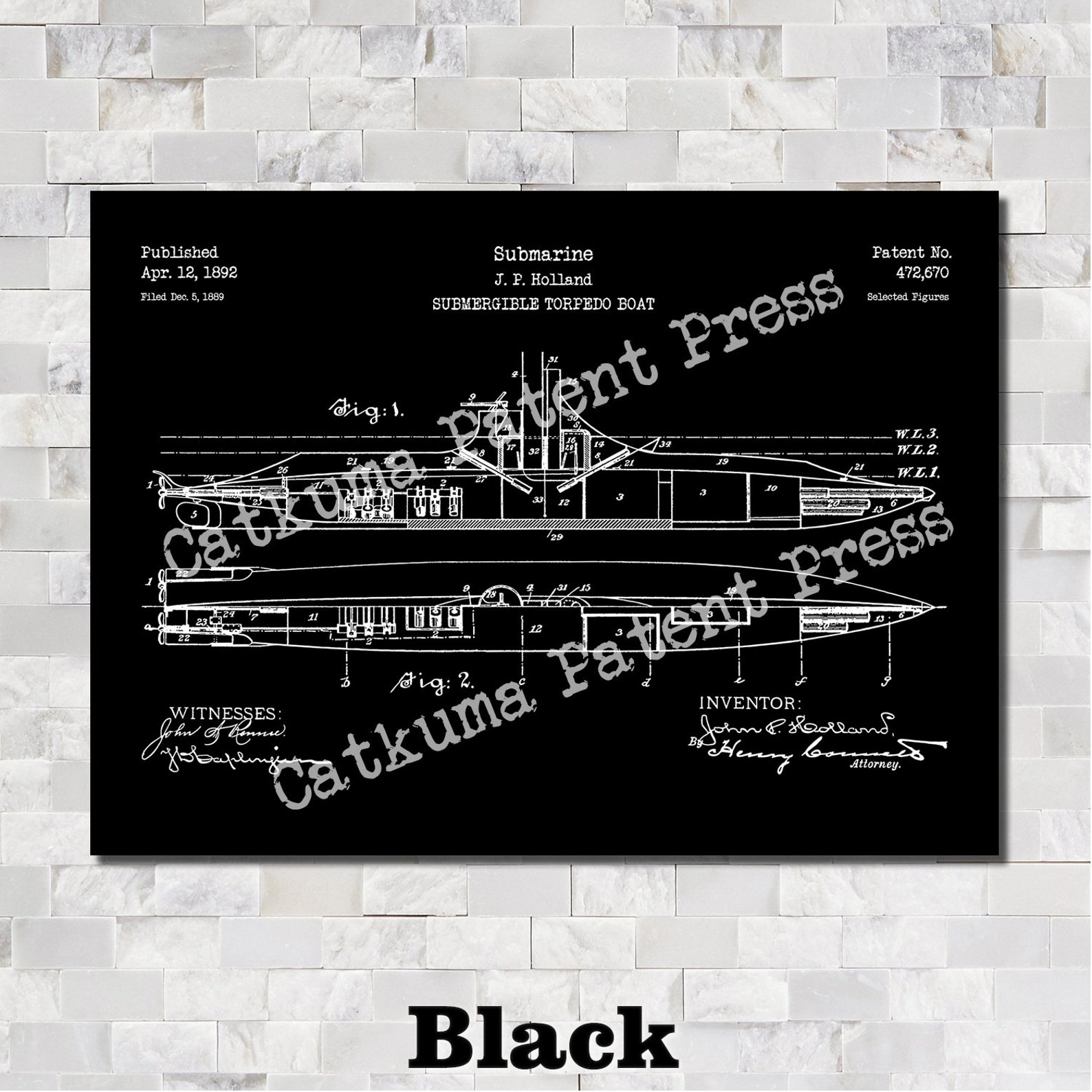 Submarine Patent Print Art 1892 - Etsy