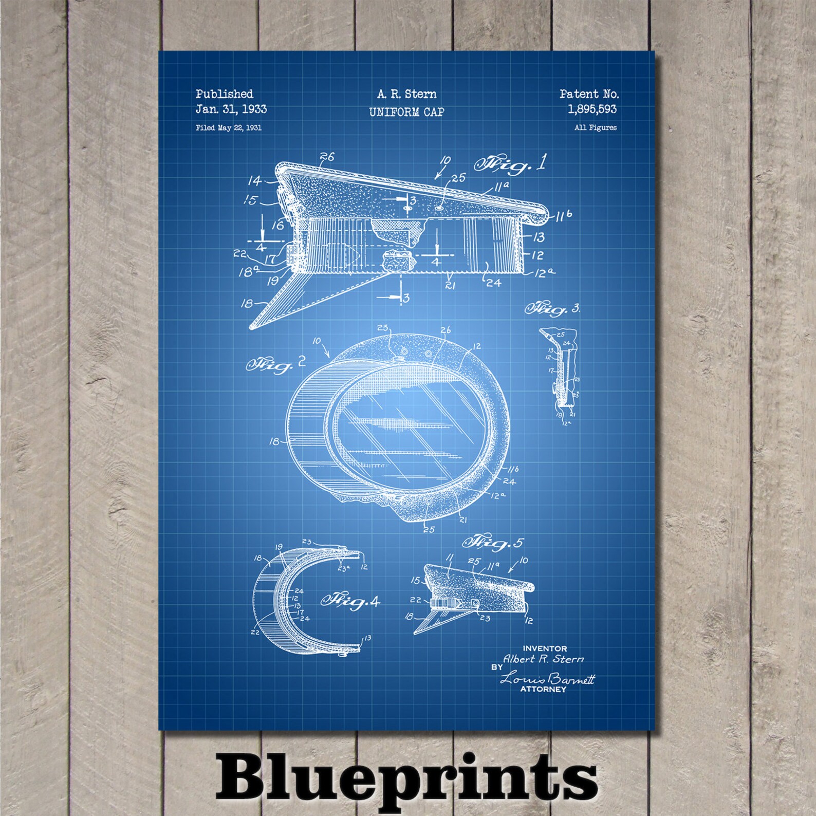 Uniform Cap Patent Print Art 1933 - Etsy