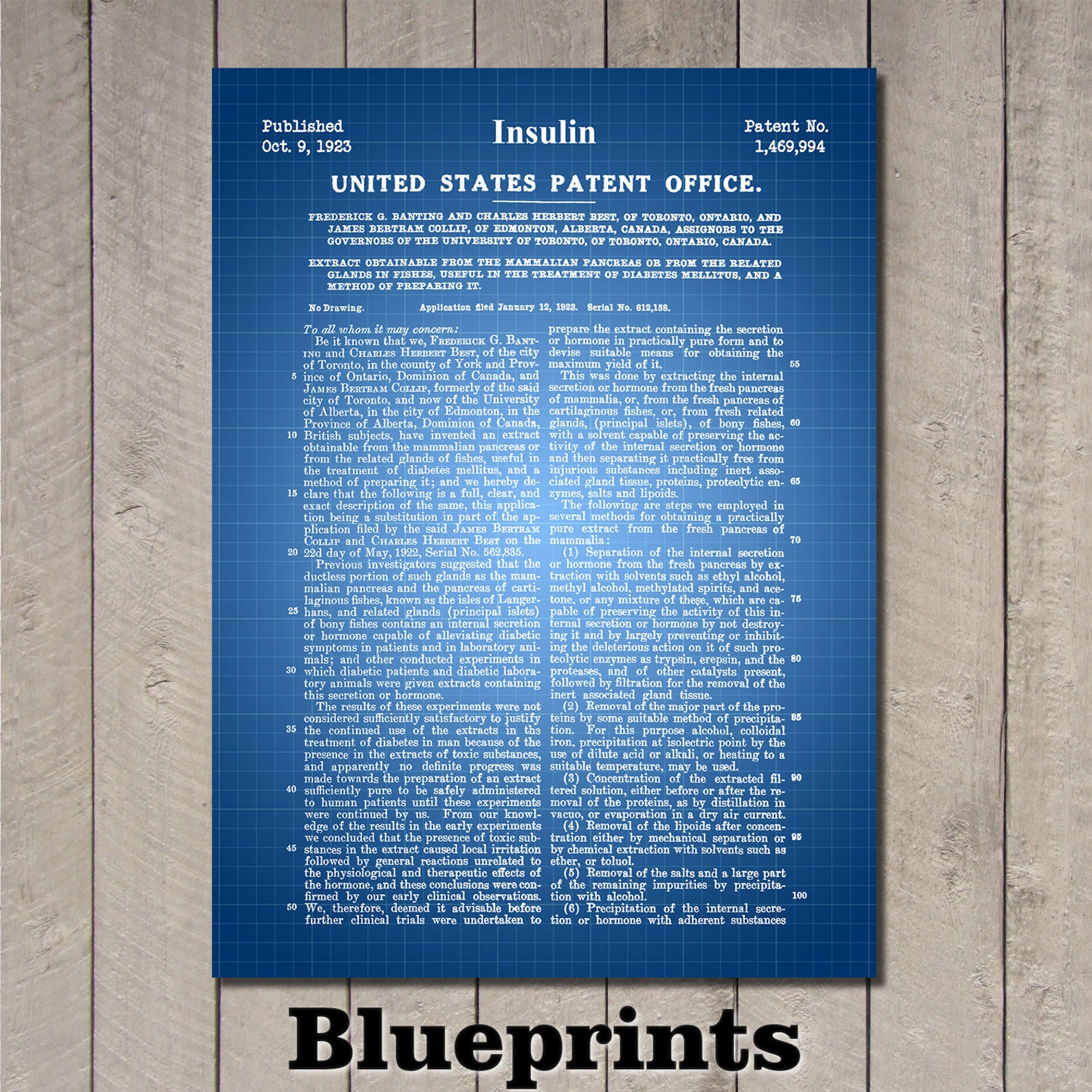 Insulin Patent Print Art 1923 - Etsy