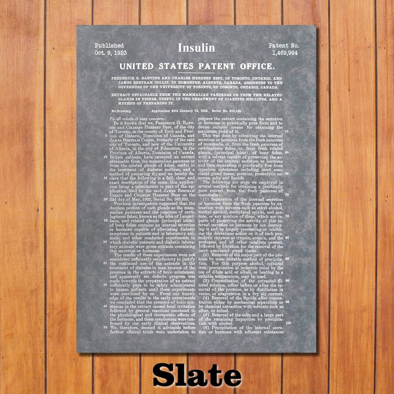 Insulin Patent Print Art 1923 - Etsy