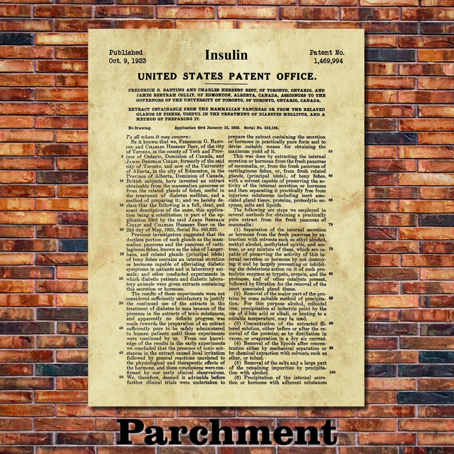 Insulin Patent Print Art 1923 - Etsy