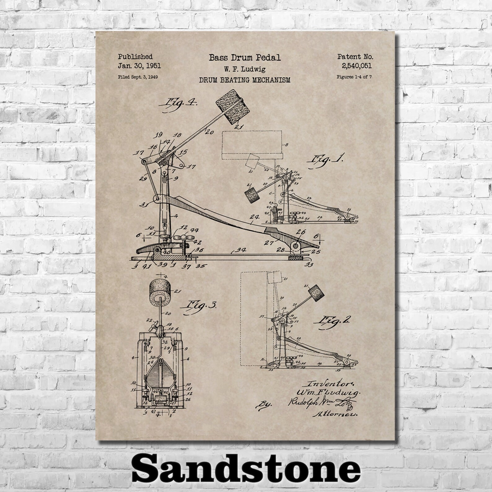 Drum Kick Pedal Patent Print Art 1951 | Etsy