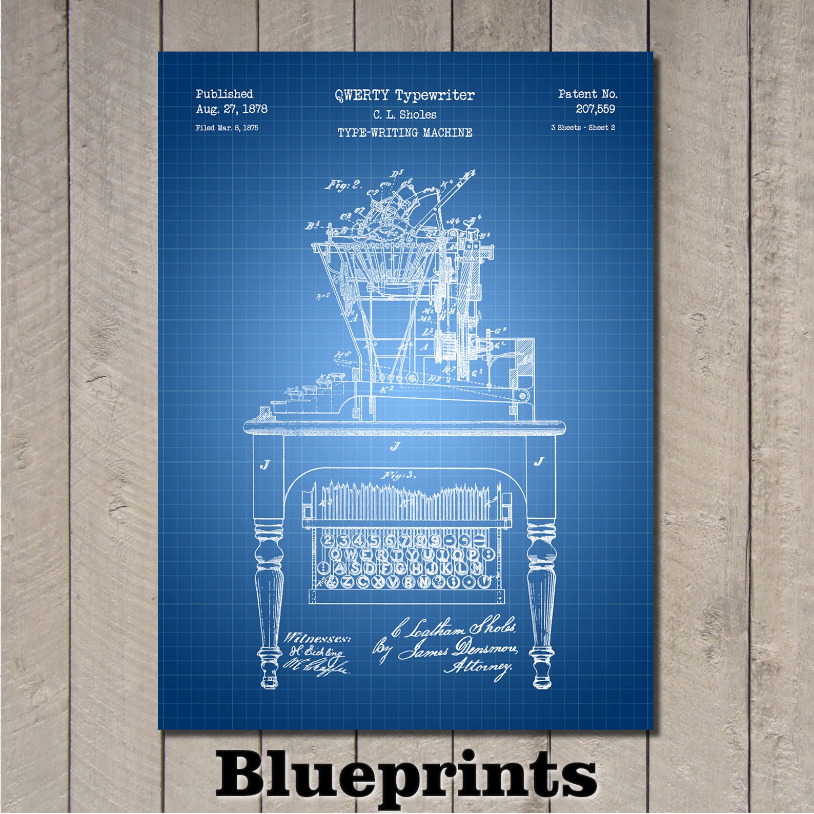 QWERTY Typewriter Patent Print Art 1878 | Etsy