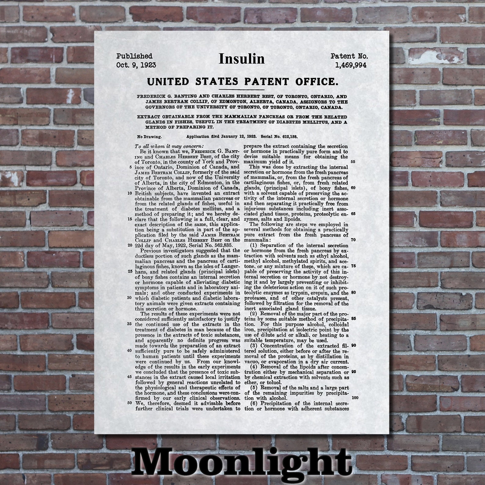 Insulin Patent Print Art 1923 - Etsy