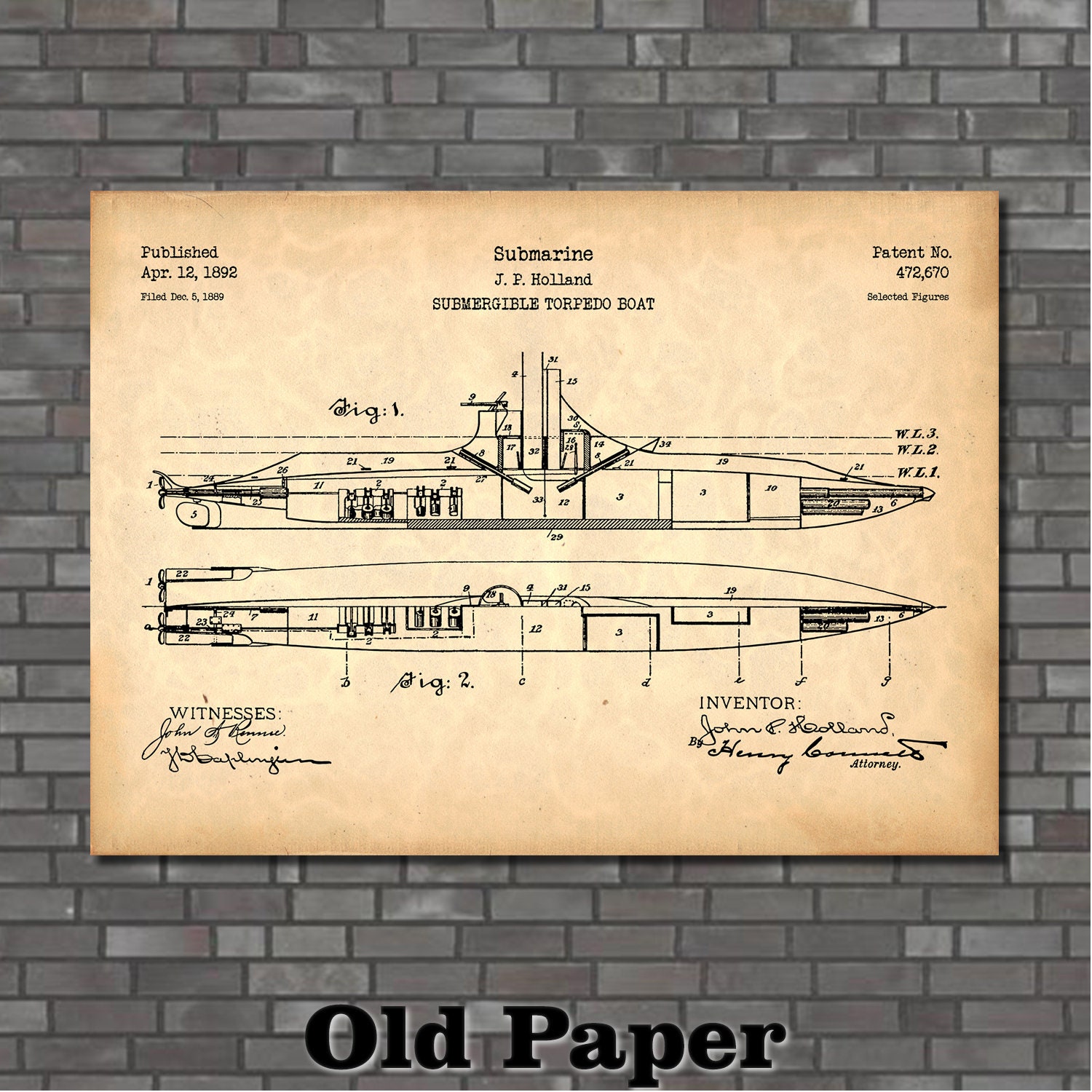 Submarine Patent Print Art 1892 - Etsy