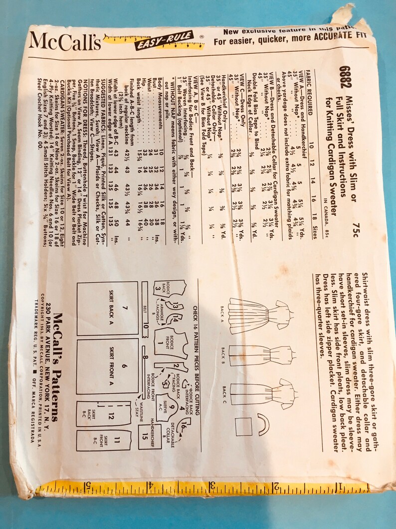 Mccalls 6882 , 1963 Misses Dress With Slim or Full Skirt and ...