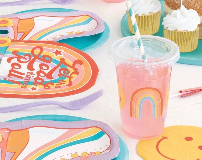 Retro Rainbow Plastic Cups & Straws - Groovy Birthday Decorations ...