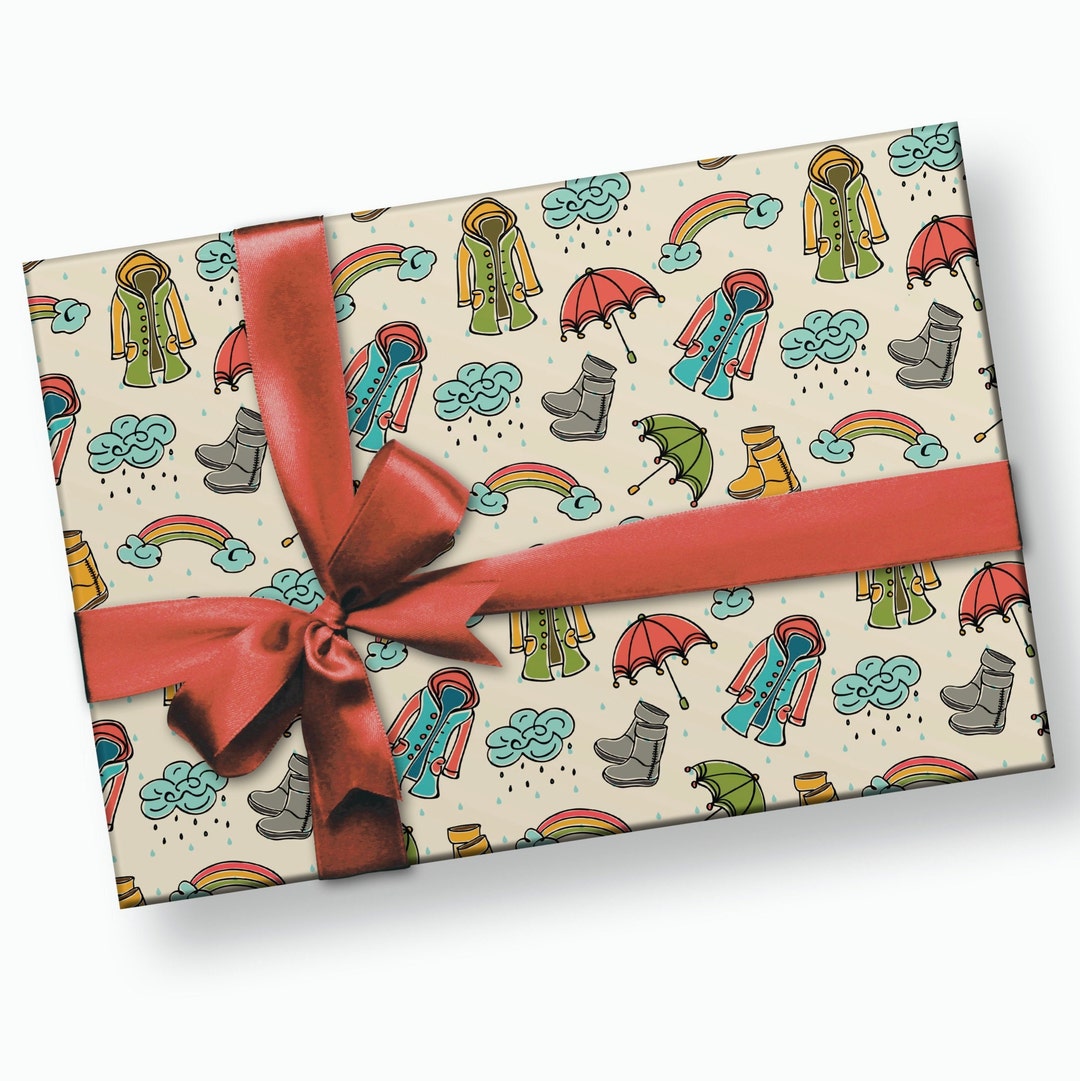 Rainy Day Gift Wrap - Rainbow Wrapping Paper, Umbrella Rain Boots ...