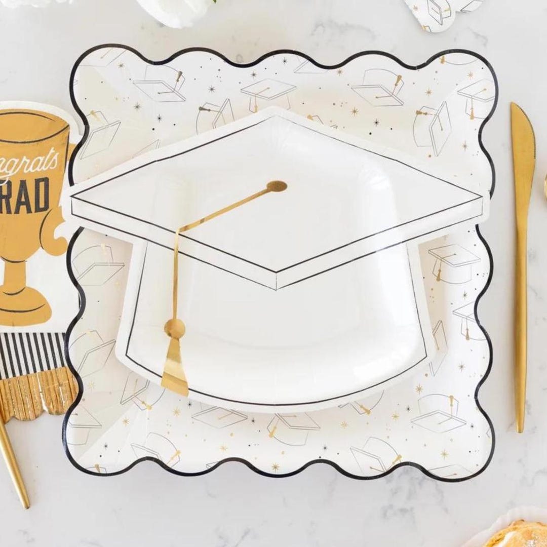 White Graduation Cap Plates 8ct – Shaped Paper Plates for Graduation ...