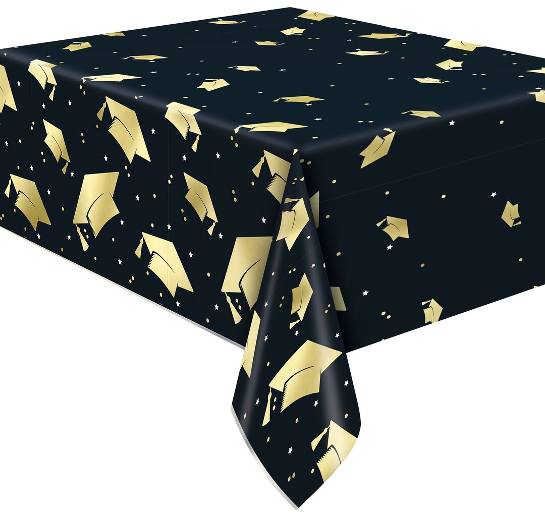 Black & Gold Graduation Table Cover, Grad Cap Party Decor, High School ...
