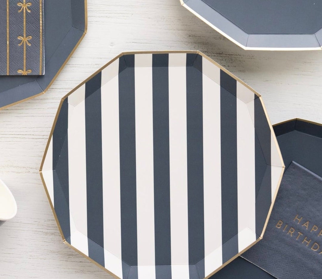Navy Blue Striped Plates - Paper Dinner Plates, Nautical Bachelorette ...