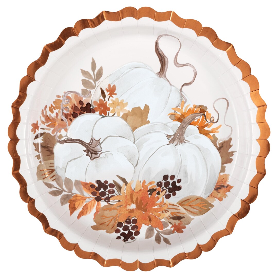Autumn Dinner Plates 8ct, 9" | White Plates With Copper Foil and ...
