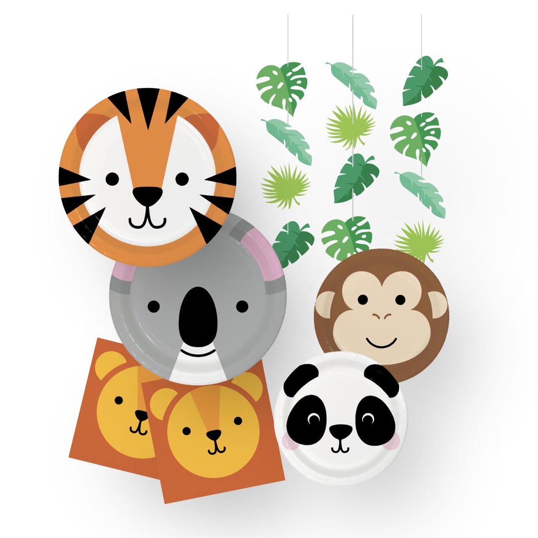 Zoo Animal Party Supplies - Animal Plates, Party Napkins, Palm Leaf ...