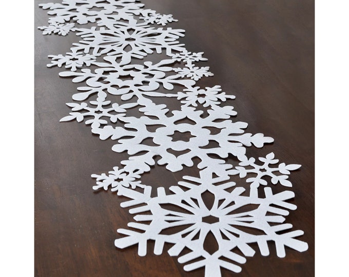 White Christmas Table Runner With Tan Snowflakes, Cotton Winter Table ...