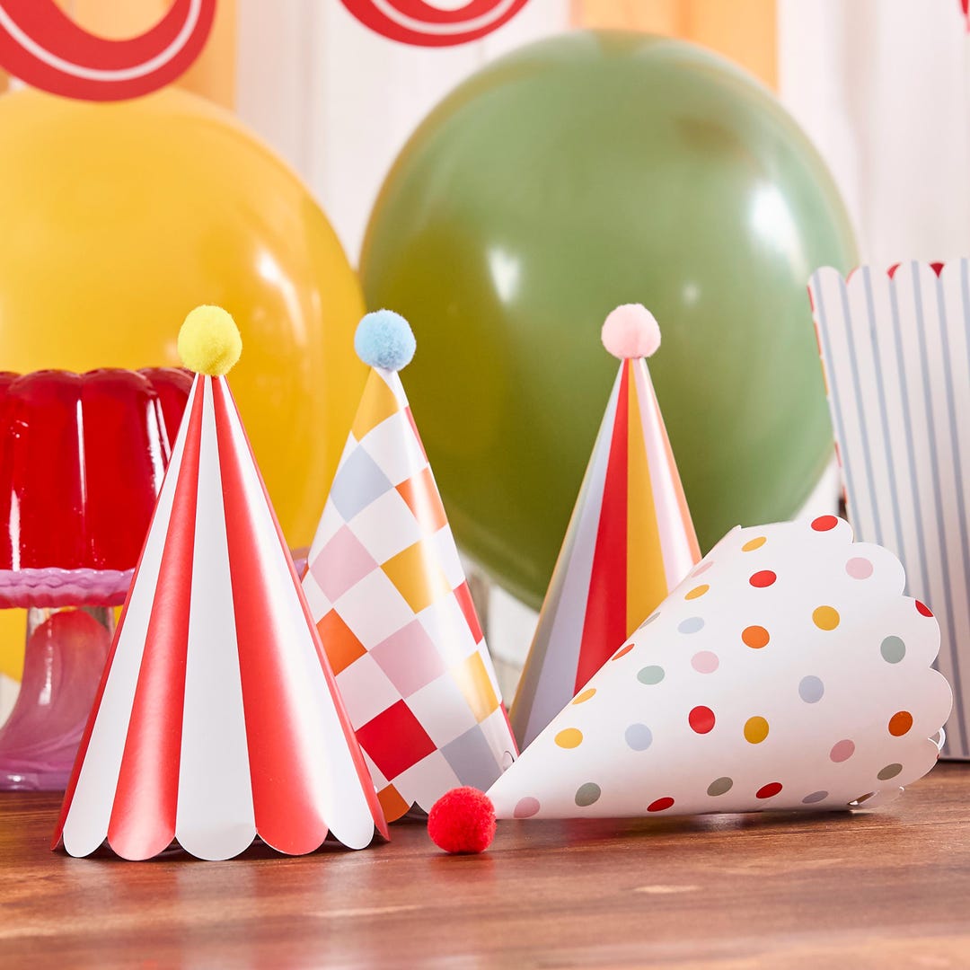 Circus Party Hats With Pom Poms – Pack of 8 Paper Hats for Carnival ...