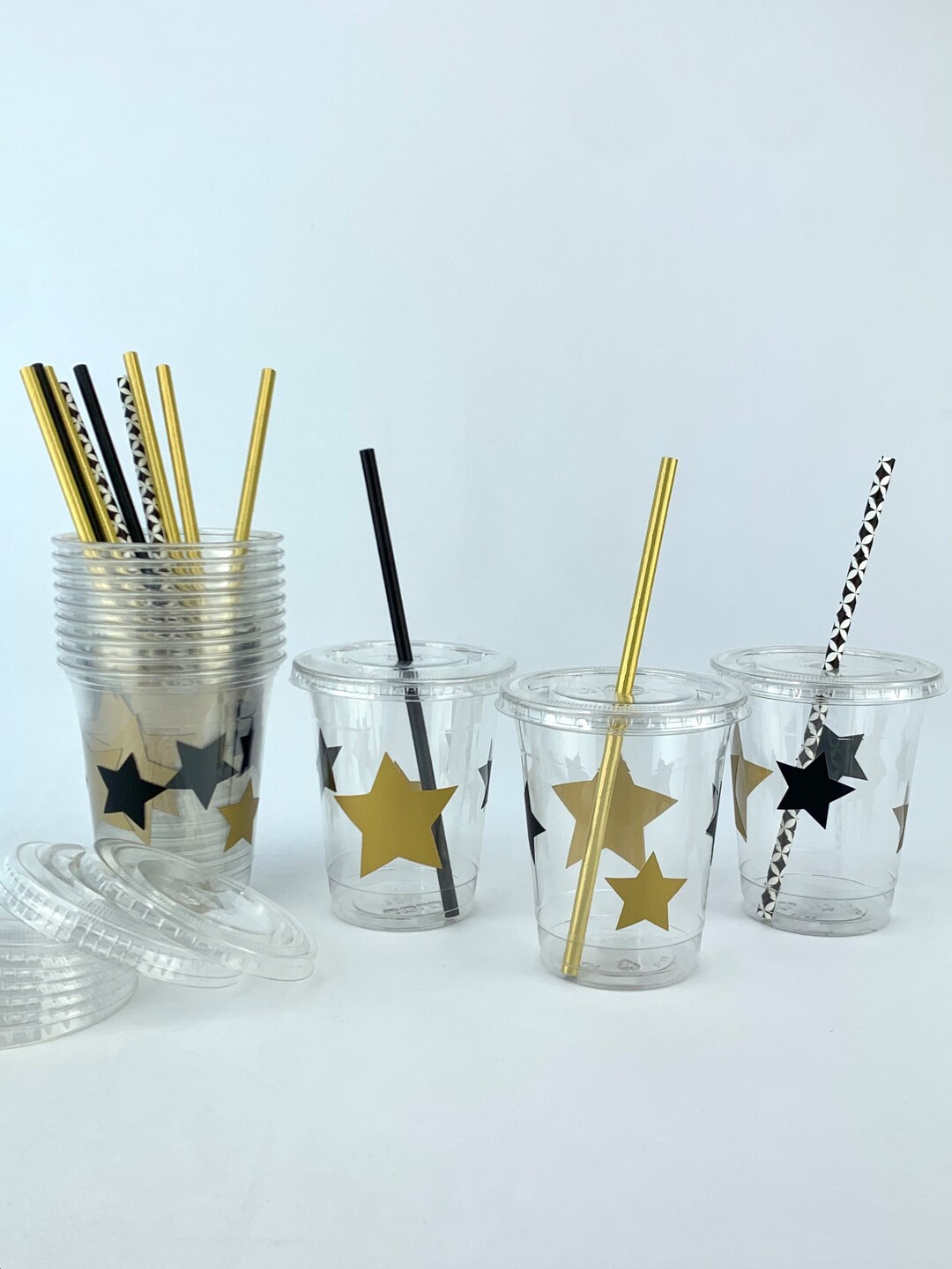 Black & Gold Star Cups, Disposable Plastic Cups, Party Favor Containers ...