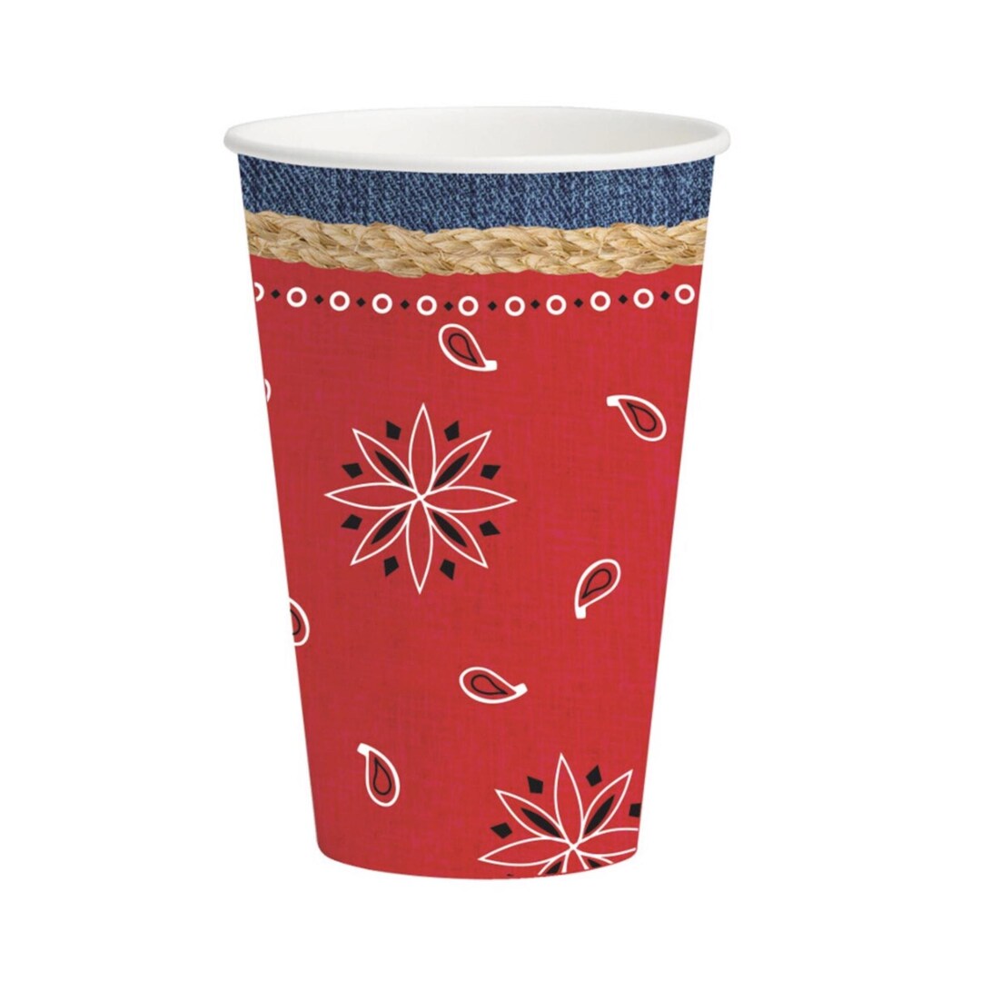 Red Western Bandana Cups 8ct, 12oz Paper Drink Cups - Rodeo Birthday ...