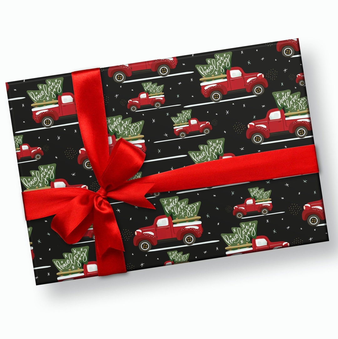 Christmas Wrapping Paper - Red Truck Christmas, Peace Love Joy, Holiday ...