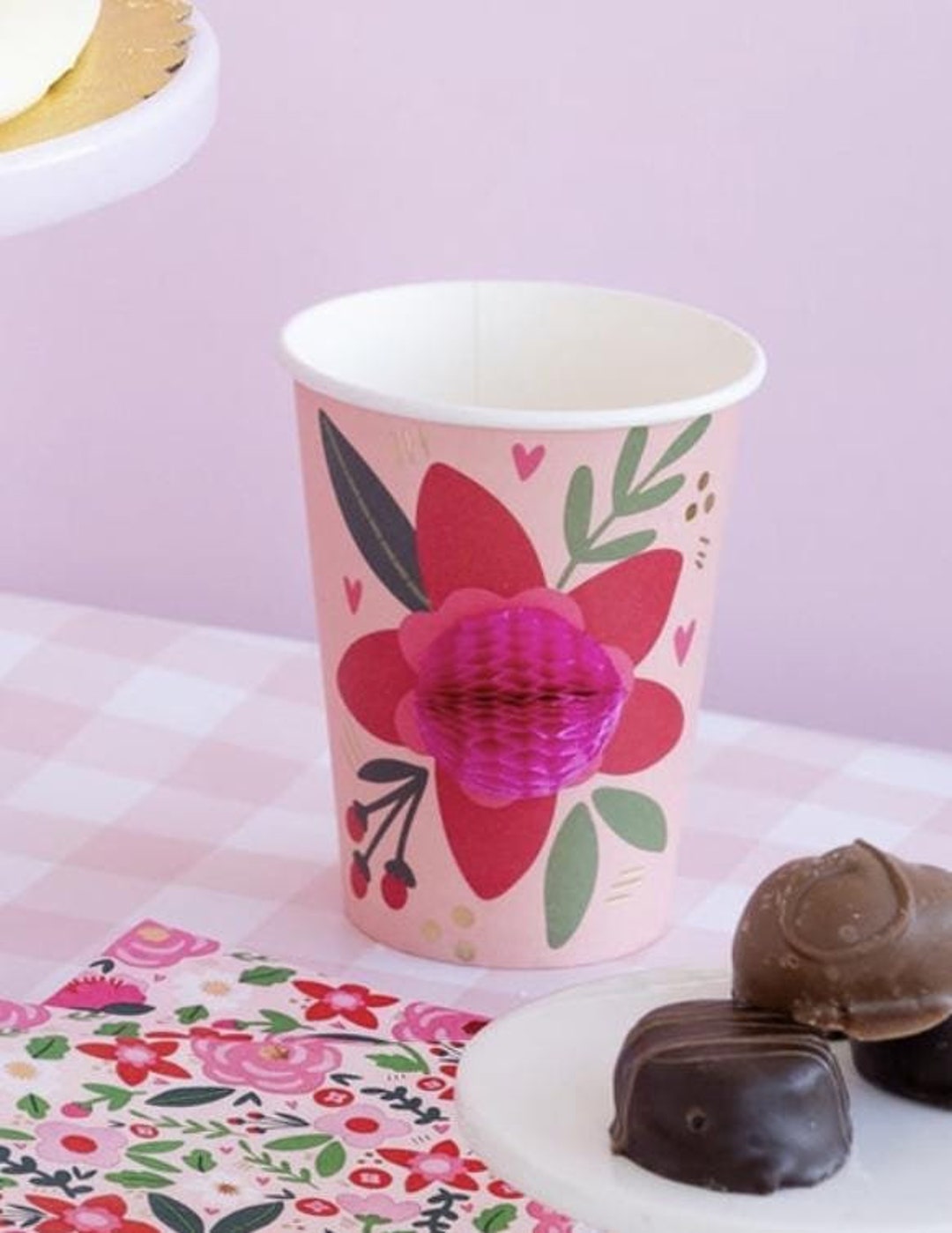 Pink Floral Party Cups - Paper Drink Cups, Floral Valentine's Day Party ...