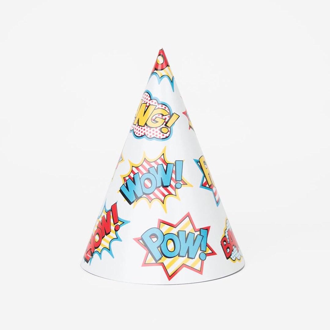 Comic Strip Party Hats 8ct - Superhero Birthday Decorations, Comic Book ...