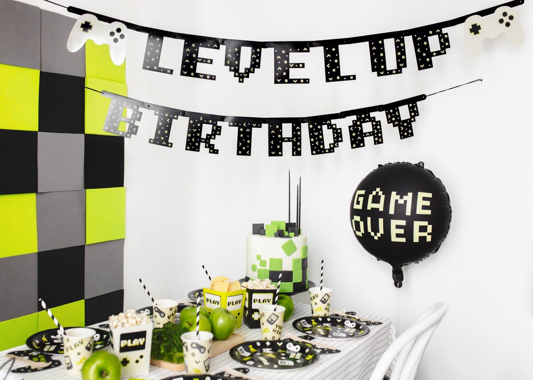 Level up Birthday Party Banner - Video Game Birthday Decorations, Gamer ...
