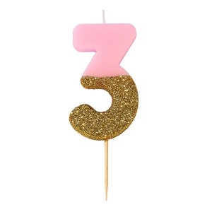 3rd Birthday Candle - Age 3, Gold Glitter Candle, Three Birthday Candle ...