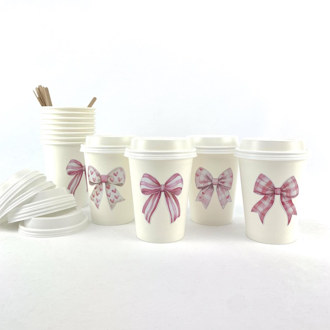 Pink Bow Paper Drink Cups - Hearts & Stripes, Sweetheart Birthday ...
