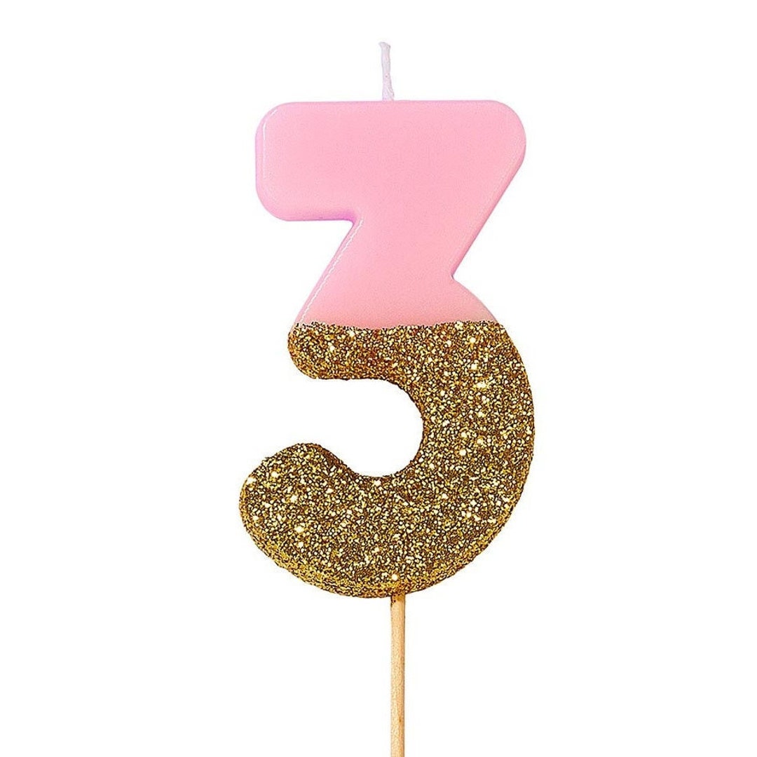 3rd Birthday Candle - Age 3, Gold Glitter Candle, Three Birthday Candle ...